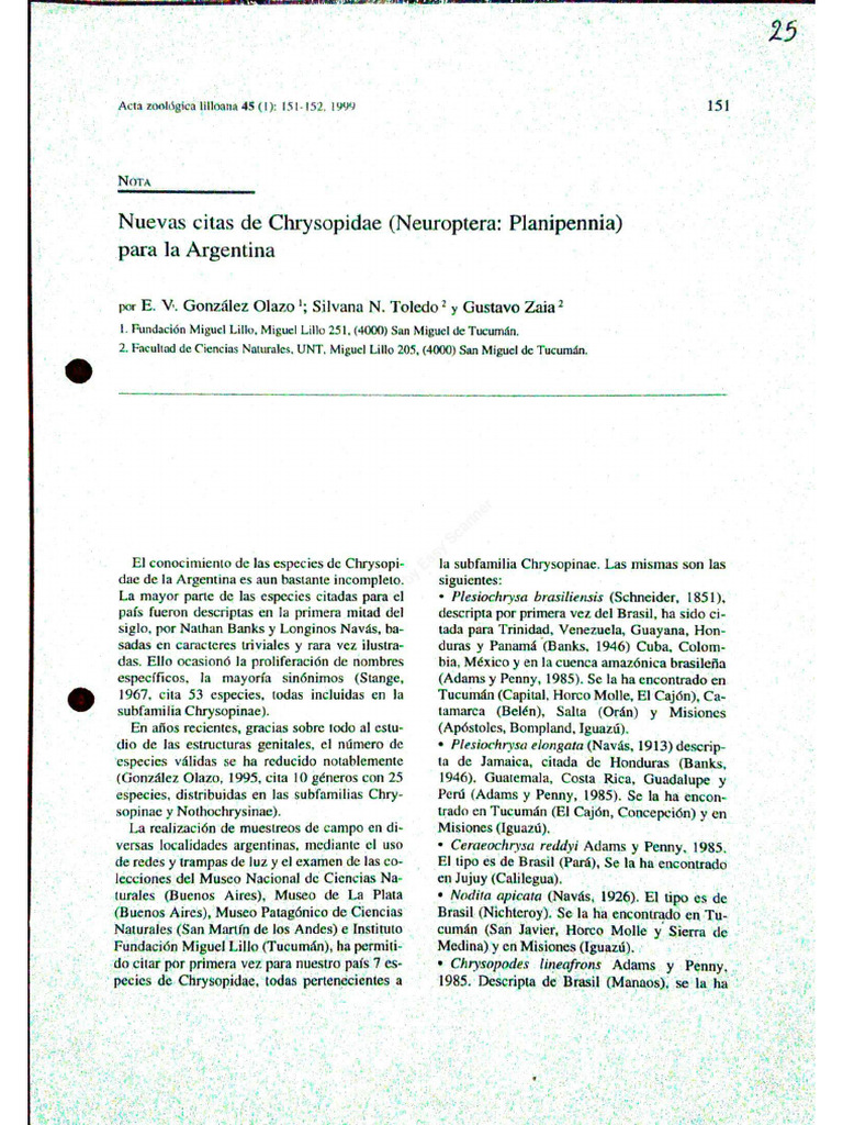 Gonzalez Olazo Et Al. Nuevas Citas de Chrysopidae (Neuroptera: Planipennia) para La Argentina | PDF