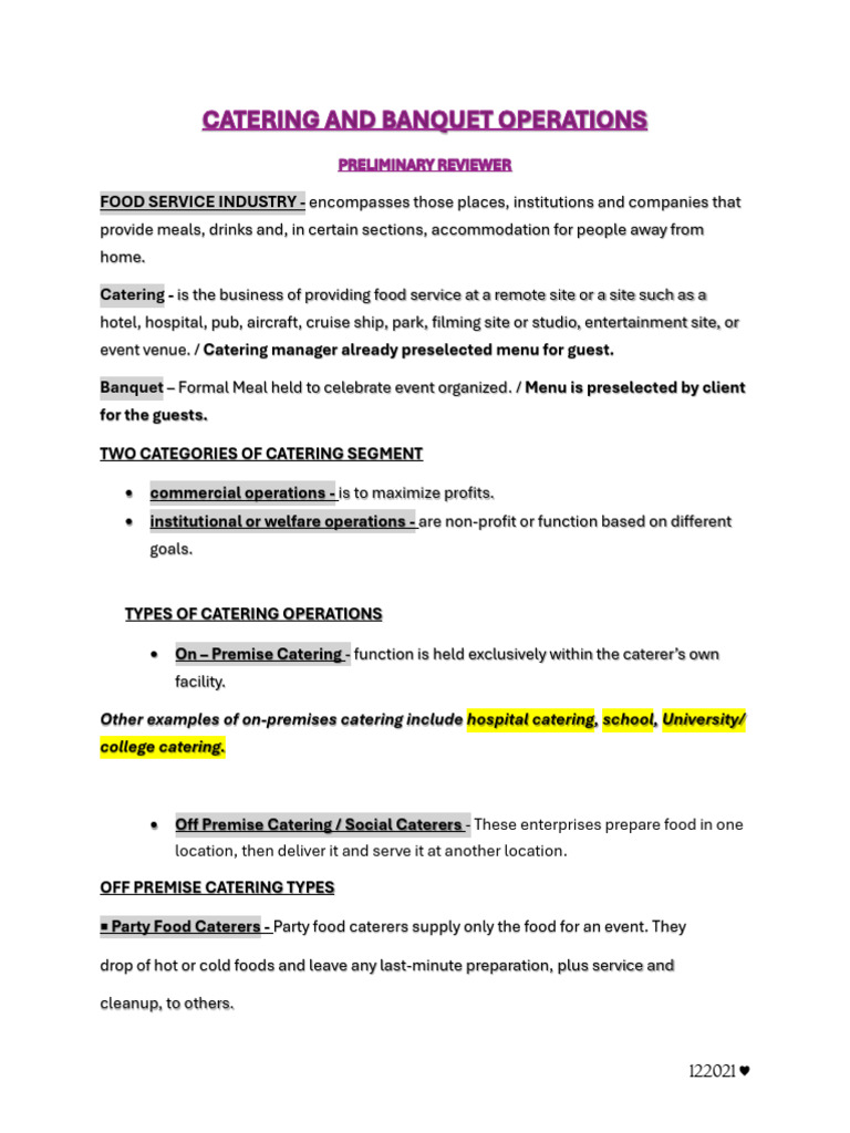Catering and Banquet Operations - Prelim Reviewer | PDF | Restaurants ...