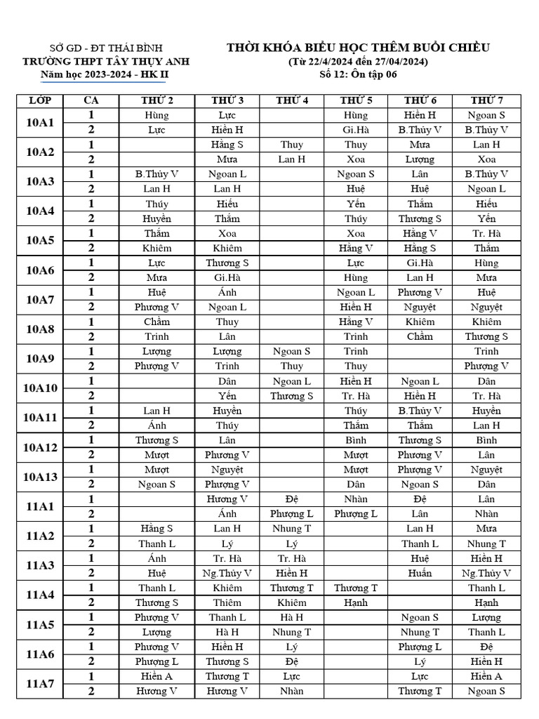 TKB Buoi Chieu T 22-4-2024 | PDF