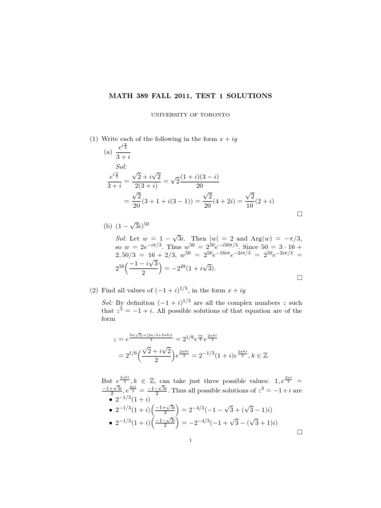 Math 389 Fall 2011, Test 1 Solutions: University of Toronto | PDF ...