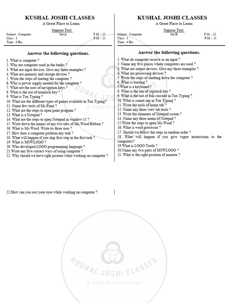 Kushal Joshi Classes Computer Question | PDF | Input/Output | Microsoft ...