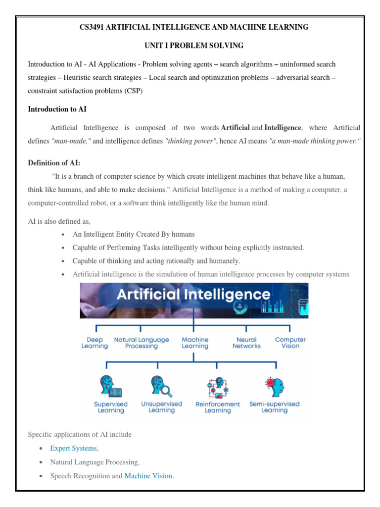 CS3491 Unit 1 Aiml | PDF | Artificial Intelligence | Intelligence (AI) & Semantics