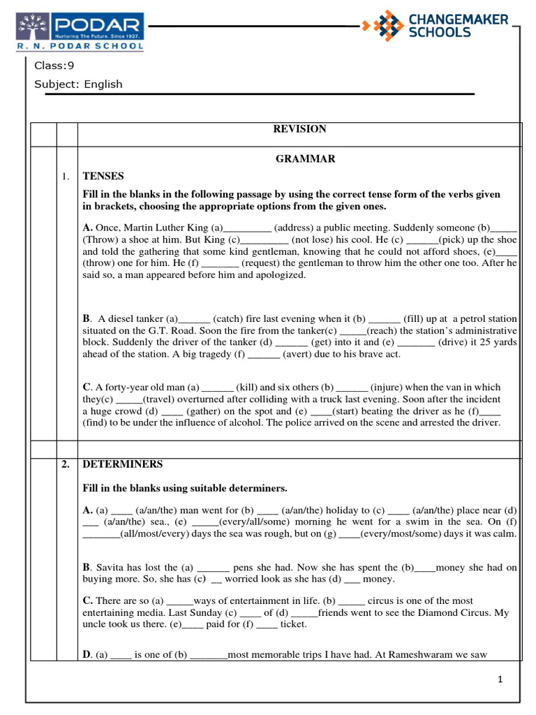 Class 9 English Grammar Exercises | PDF | Language Arts & Discipline