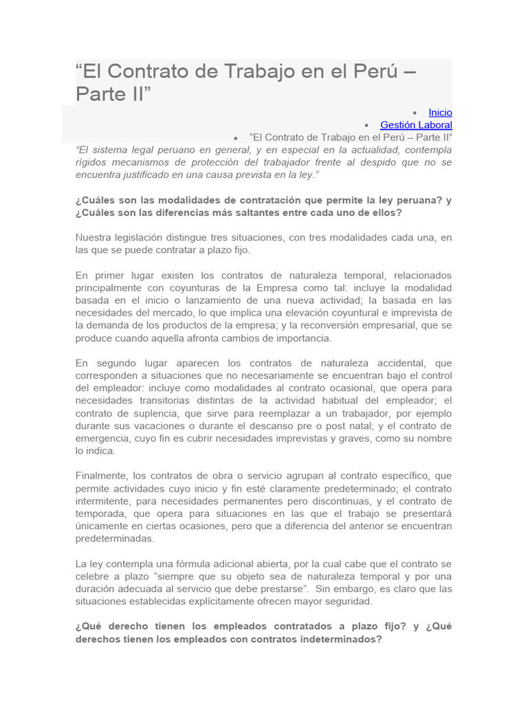 El Contrato de Trabajo en El Perú | PDF | Derecho laboral | Salario