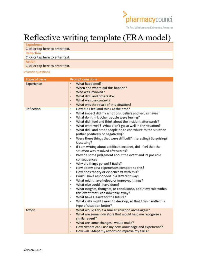 ERA Model Reflective Writing Template | PDF | Experience | Thought