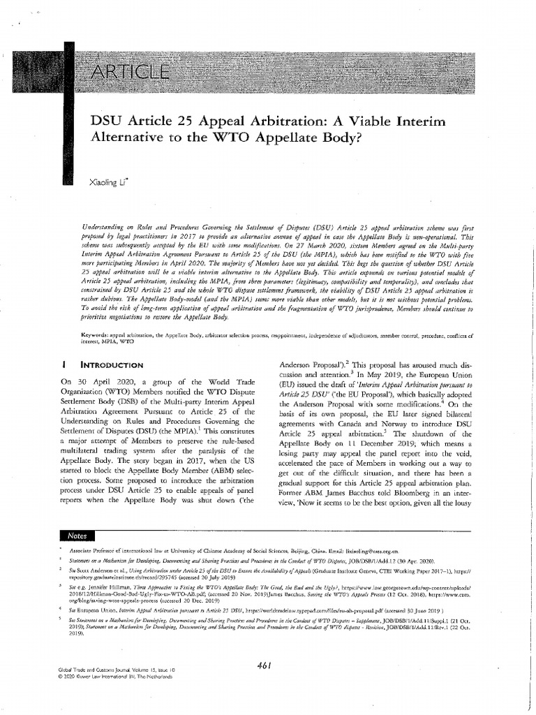 Xiaoling Li, DSU Article 25 Appeal Arbitration A Viable Interim ...