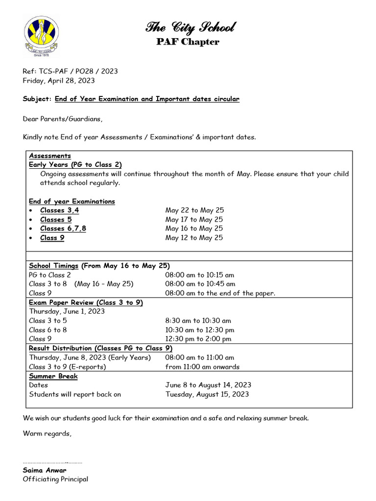 PAF Chapter TCS-PAF PO28 2023 - Examination Circular | PDF | Science