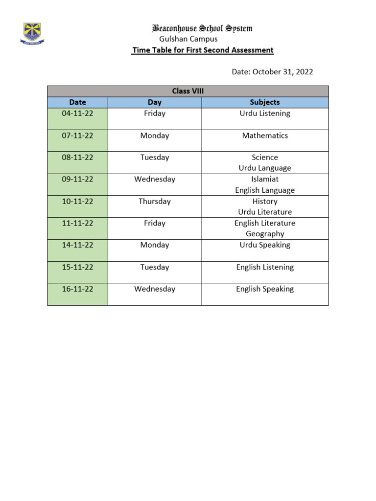 Syllabus and Timetable for First Term Second Assessment | PDF ...