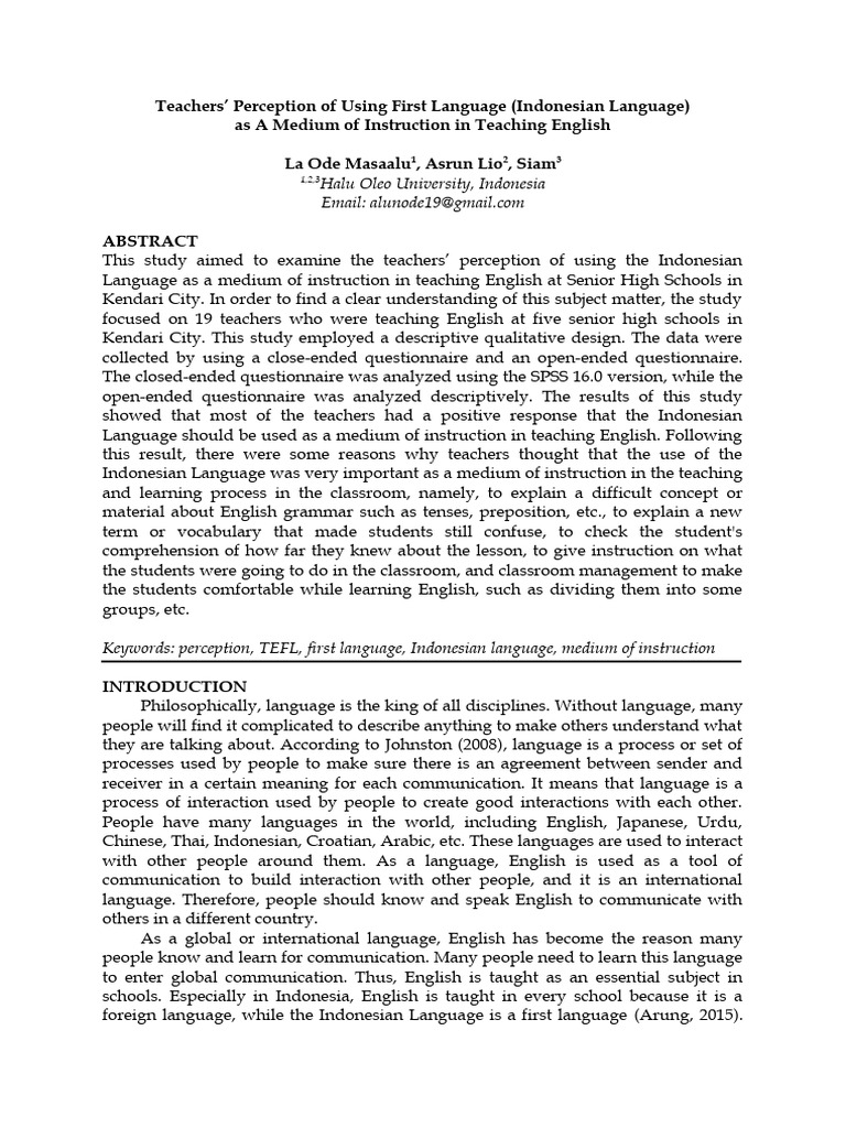 Teachers’ Perception of Using First Language (Indonesian Language) as a Medium of Instruction in ...