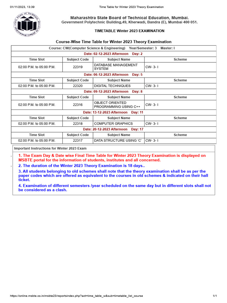 Winter 2023 Exam Timetable for CSE | PDF | Computing | Computer Science