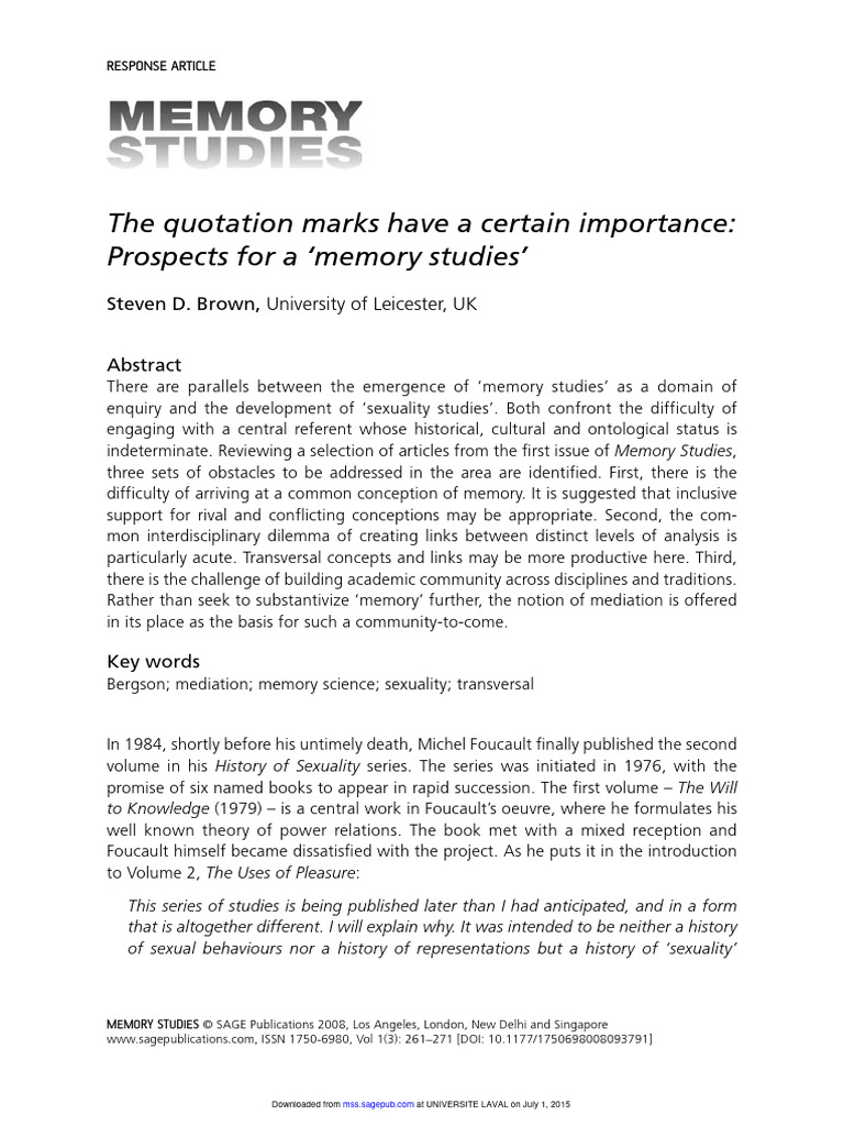 The Quotation Marks Have A Certain Importance: Prospects For A Memory Studies' | PDF | Concept ...