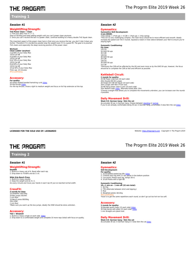 #26 The Progrm Elite 2019 Week 26 For LEONARDO | PDF | Strength Training | Management Of Obesity