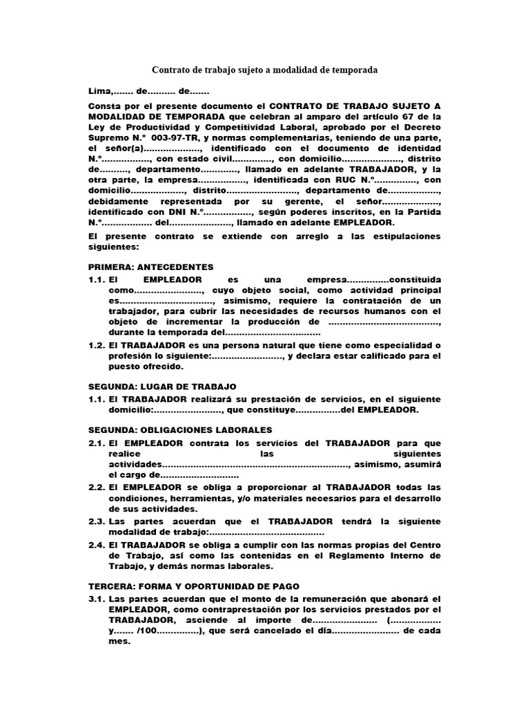 Contrato de Trabajo Sujeto A Modalidad de Temporada | PDF | Derecho laboral | Documento de identidad