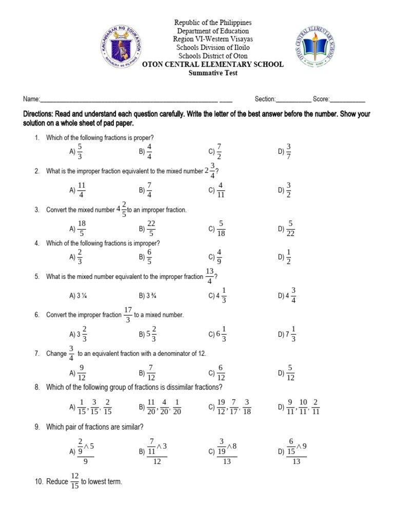 Summative Test-Quarter 2. Fraction - Orange and Brown | PDF | Numbers ...