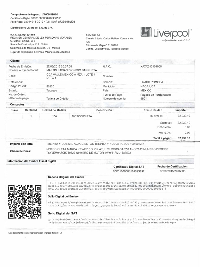 Factura de Origen Liverpool | PDF