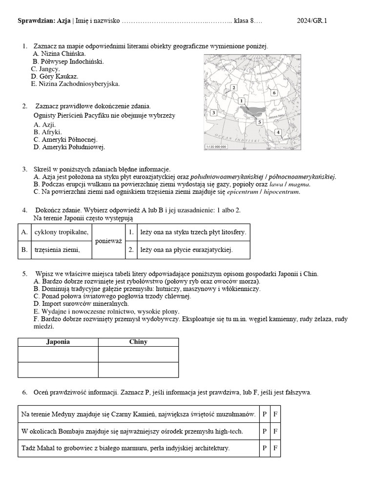 Geografia Klasa 8 Azja Sprawdzian
