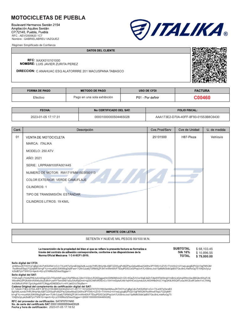 Factura Italika 25O ATV | PDF