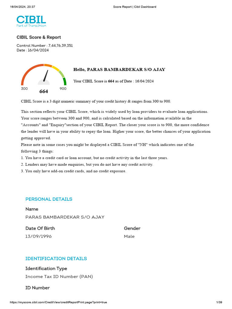 Transunion Cibil Report | PDF | Finance & Money Management | Credit