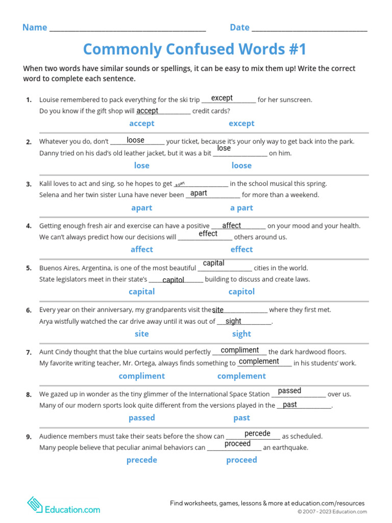 Commonly Confused Words Worksheet | PDF