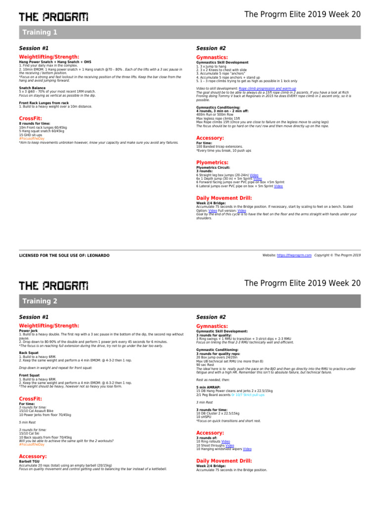 #20 The Progrm Elite 2019 Week 20 For LEONARDO | PDF | Gymnastics | Strength Training