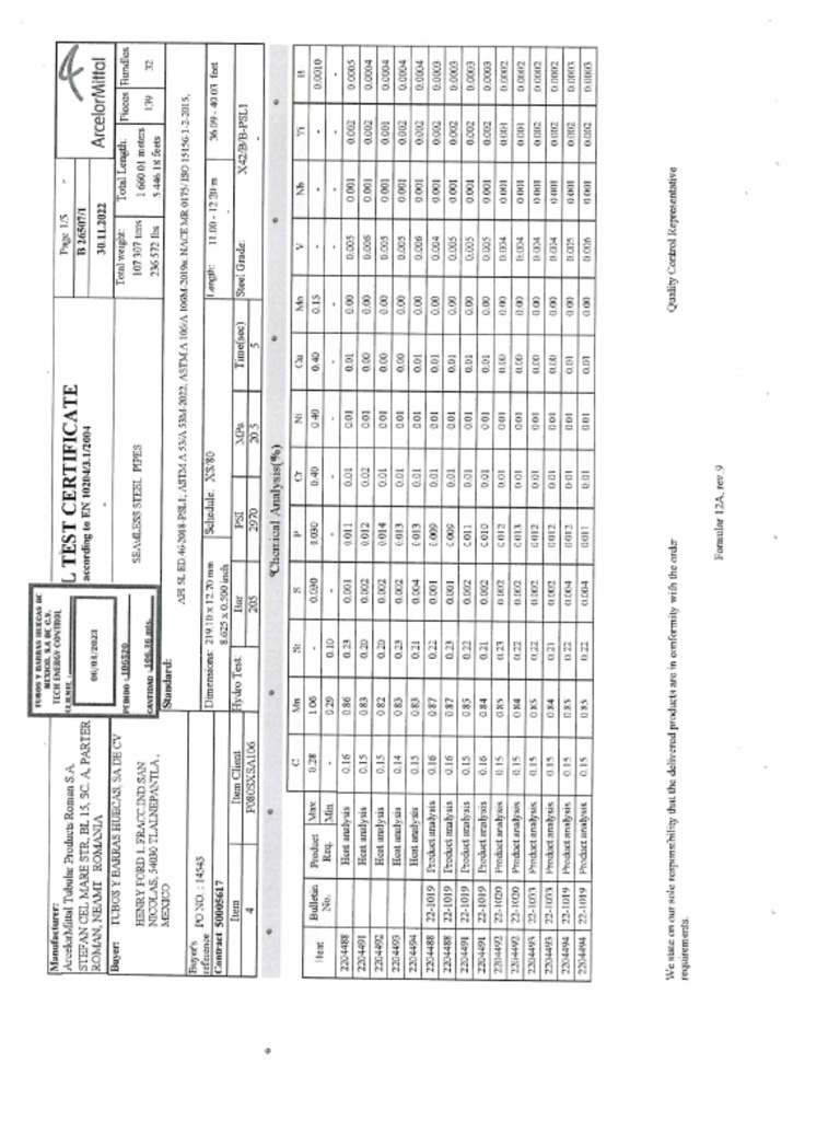 CERTIFICADOS DE TUBERIA DE 8 PLG | PDF