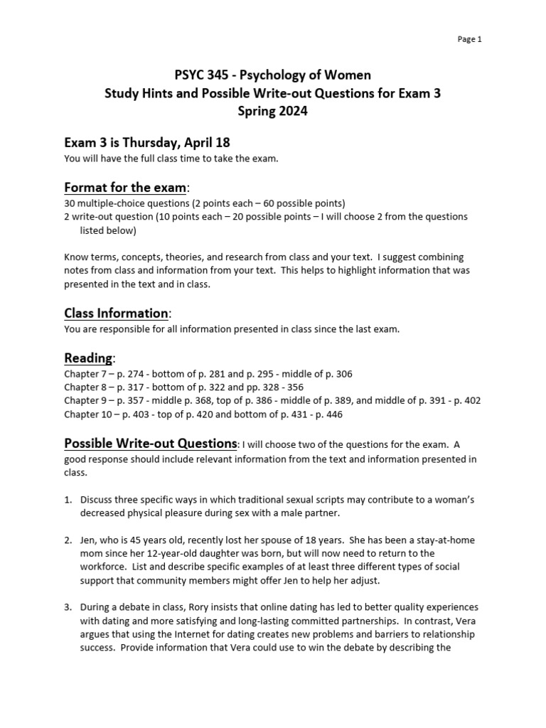 PSYC 345 Exam 3 Study Guide S24 | PDF | Gender Pay Gap | Social Support