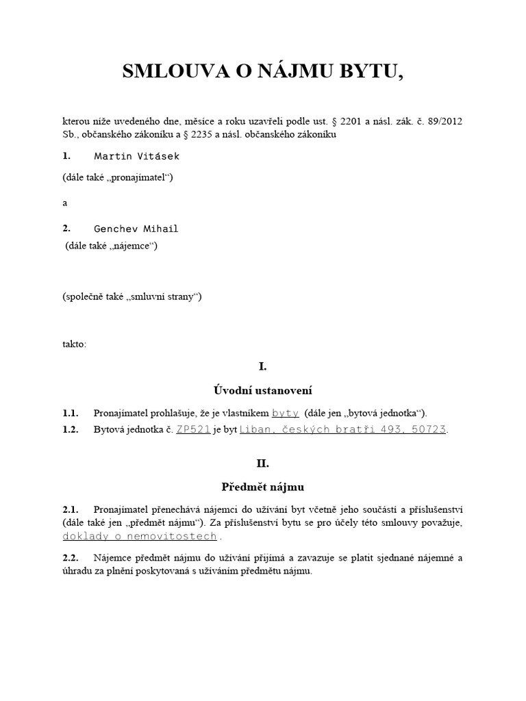 Najemni Smlouva Stalynajem | PDF