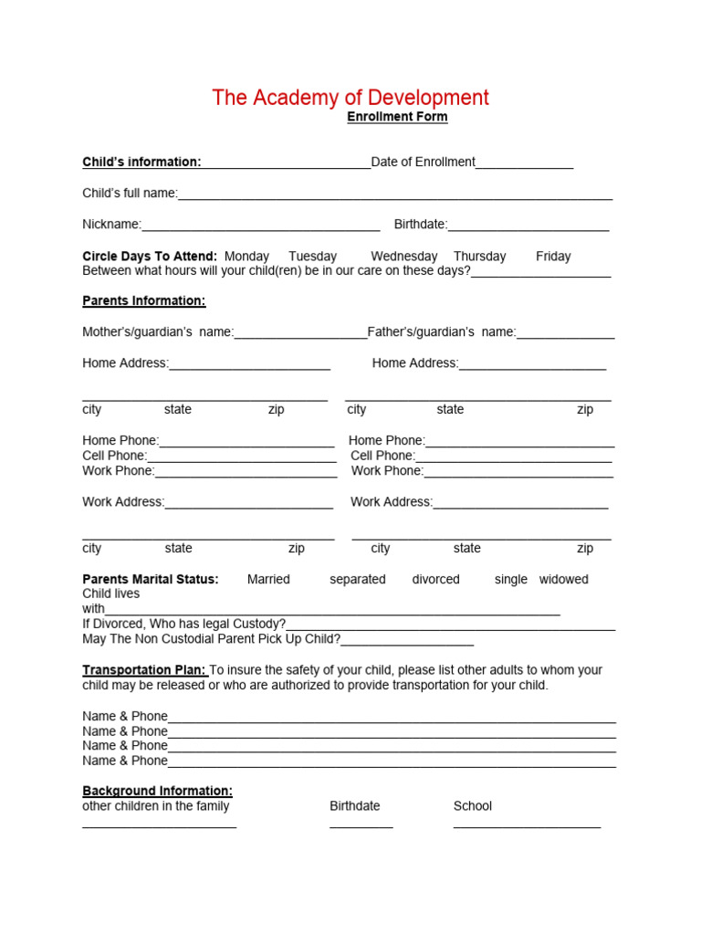 Enrollment Form | PDF | Child Custody | Parent