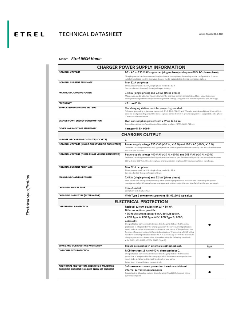 Etrel INCH Home Technical Datasheet | PDF | Wi Fi | Alternating Current