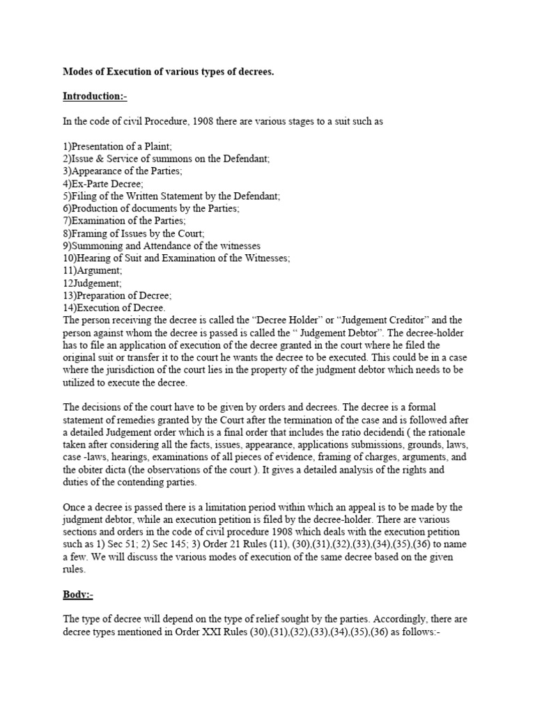 Modes of Execution of Various Types of Decrees | PDF | Judgment (Law) | Lawsuit