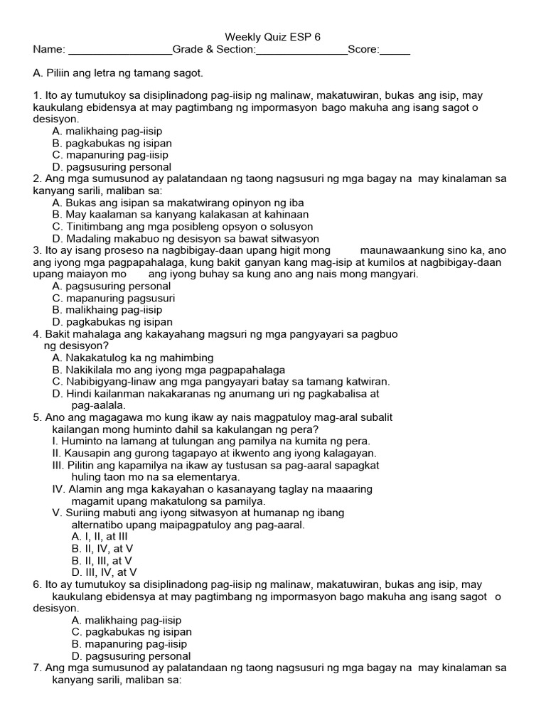 LONG QUIZ ESP First Quarter | PDF