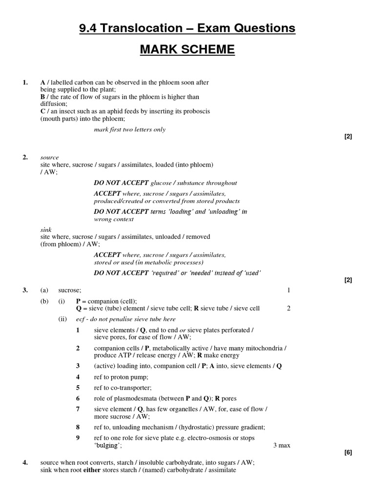 9.4 Exam Questions - Mark Scheme | PDF | Biology | Physiology