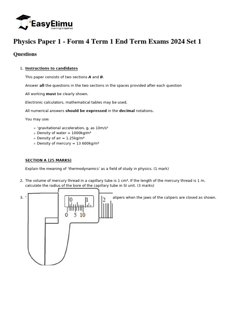 Physics Paper 1 - Form 4 Term 1 End Term Exams 2024 Set 1-271 ...