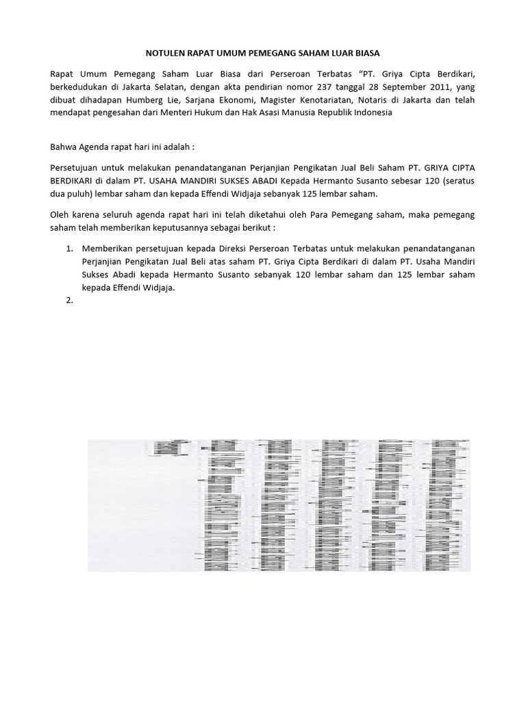 NOTULEN RAPAT UMUM PEMEGANG SAHAM LUAR BIASA PT. Griya Cipta Berdikari ...