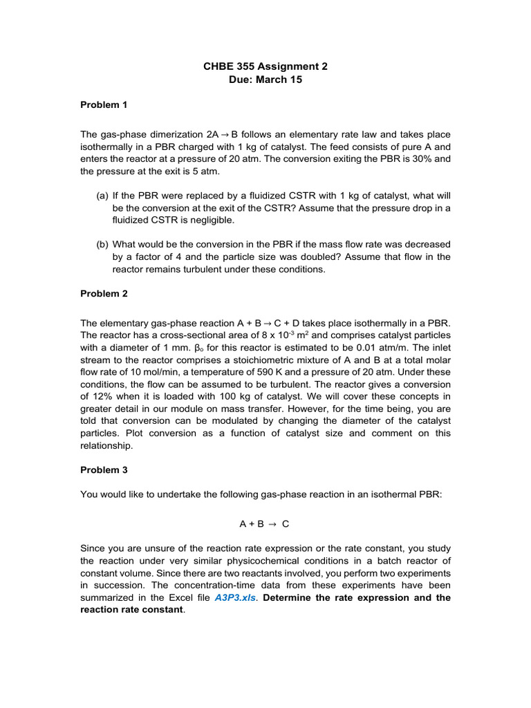 CHBE 355 Assignment 3 Soln | PDF | Chemical Reactor | Reaction Rate
