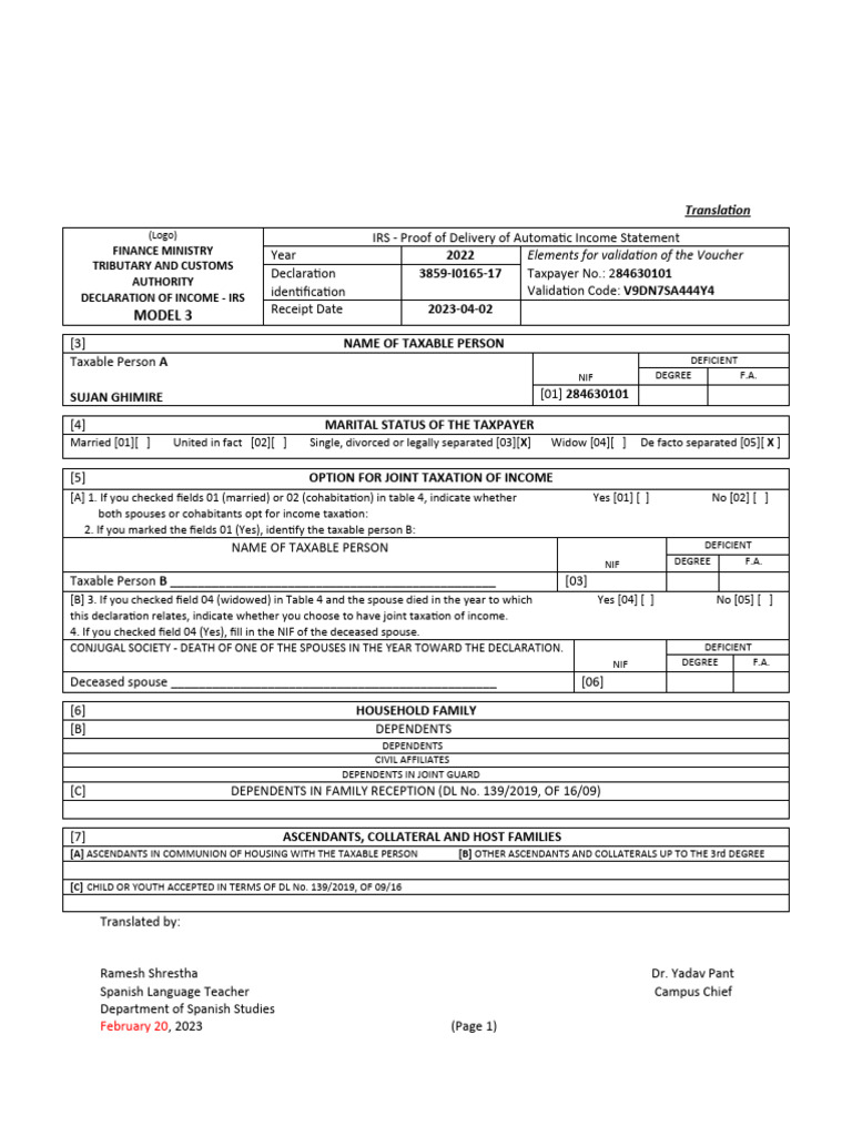 Tributaria e Aduaneira Declaracao de Rendimentos IRS Modelo 3 Contrato ...