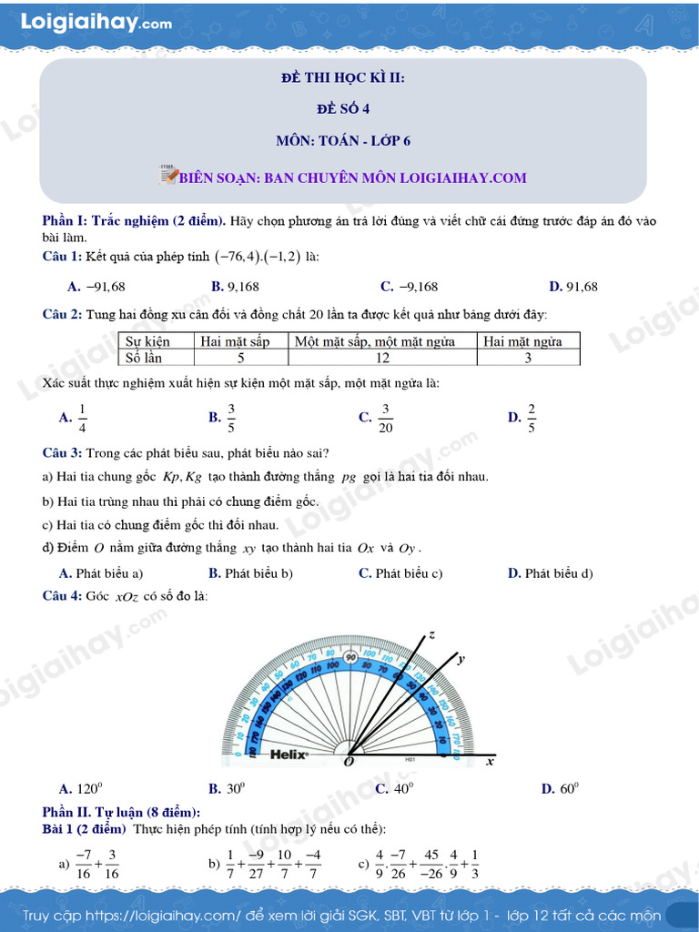 De Kiem Tra Hoc Ki 2 Toan 6 de So 4 Ket Noi Tri Thuc 1679561483 | PDF