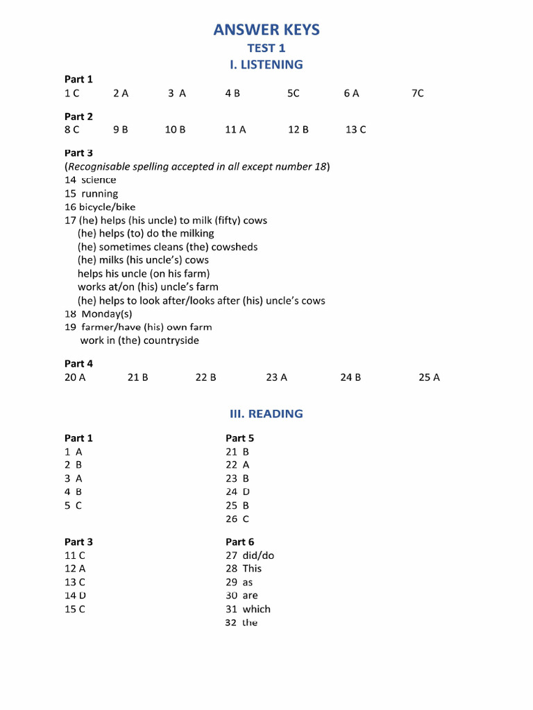 Answer Keys Test 1 Reading - Listening | PDF
