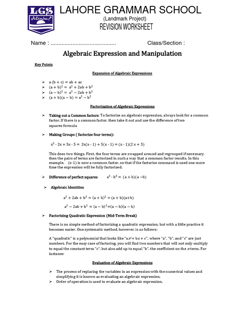 Algebric Expression and Manipulation | PDF | Equations | Quadratic Equation