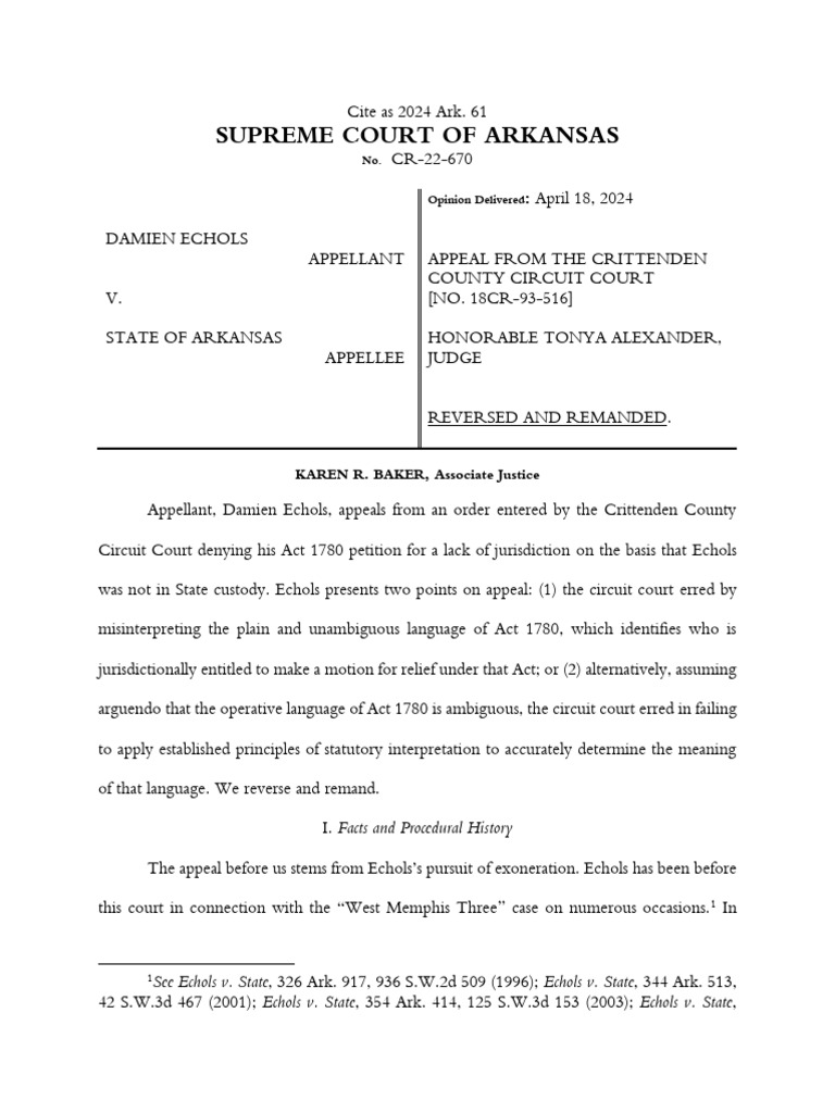 Damien Echols v. State of Arkansas | PDF | Actual Innocence | Alford Plea