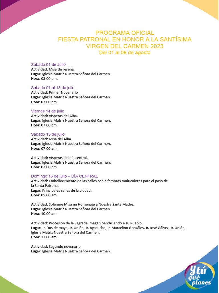 Celendin Programa Fiesta Patronal en Honor A La Santisima Virgen Del Carmen 2023 | Descargar ...
