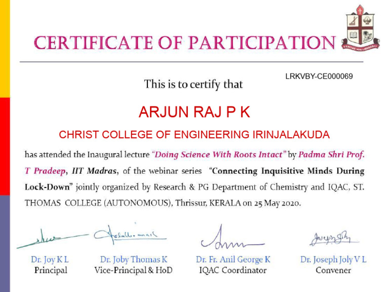 Certificate For ARJUN RAJ P K For - Doing Science With Roots In... | PDF