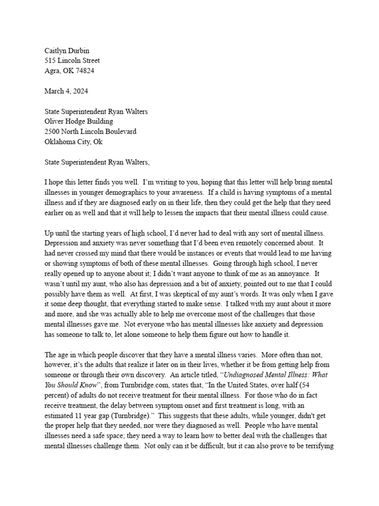 Mental Health Letter | PDF | Mental Disorder | Suicide