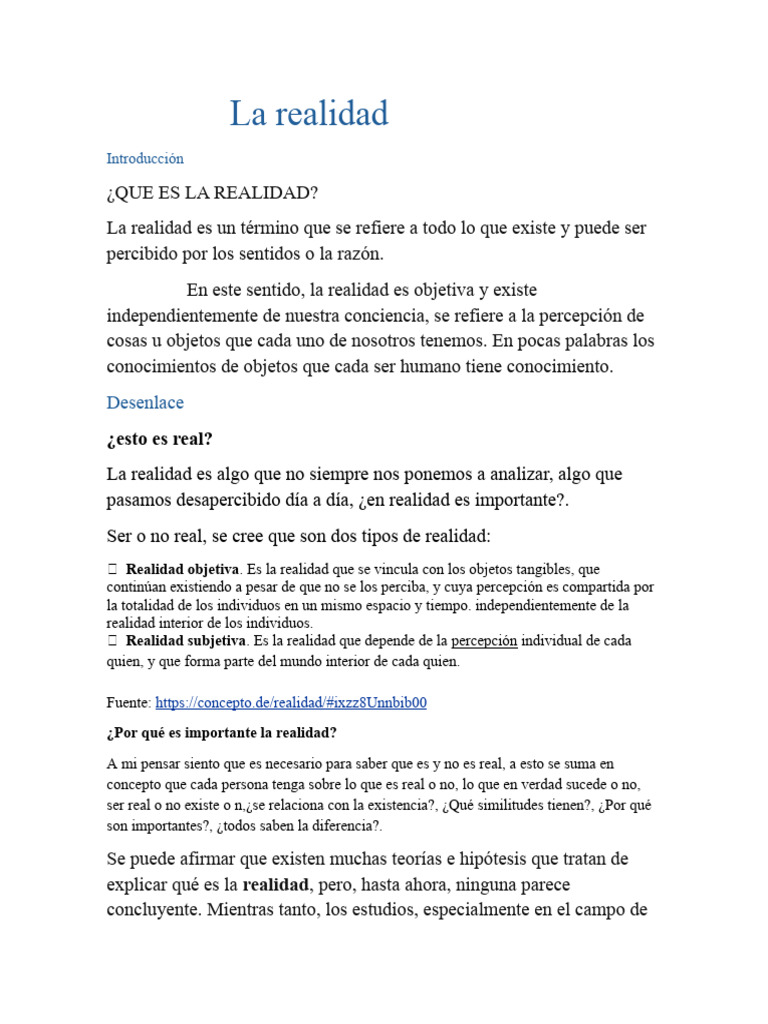 Realidad: Objetiva y Subjetiva | PDF | Verdad | Realidad
