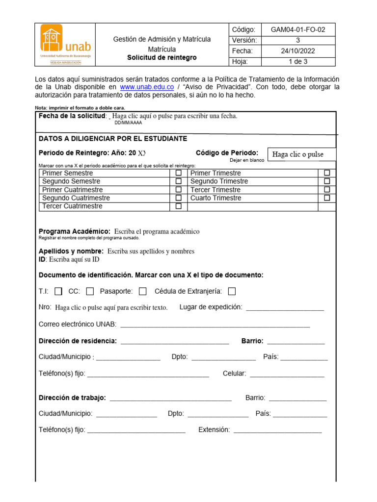 Formato de Solicitud de Reintegro | PDF | Plan de estudios