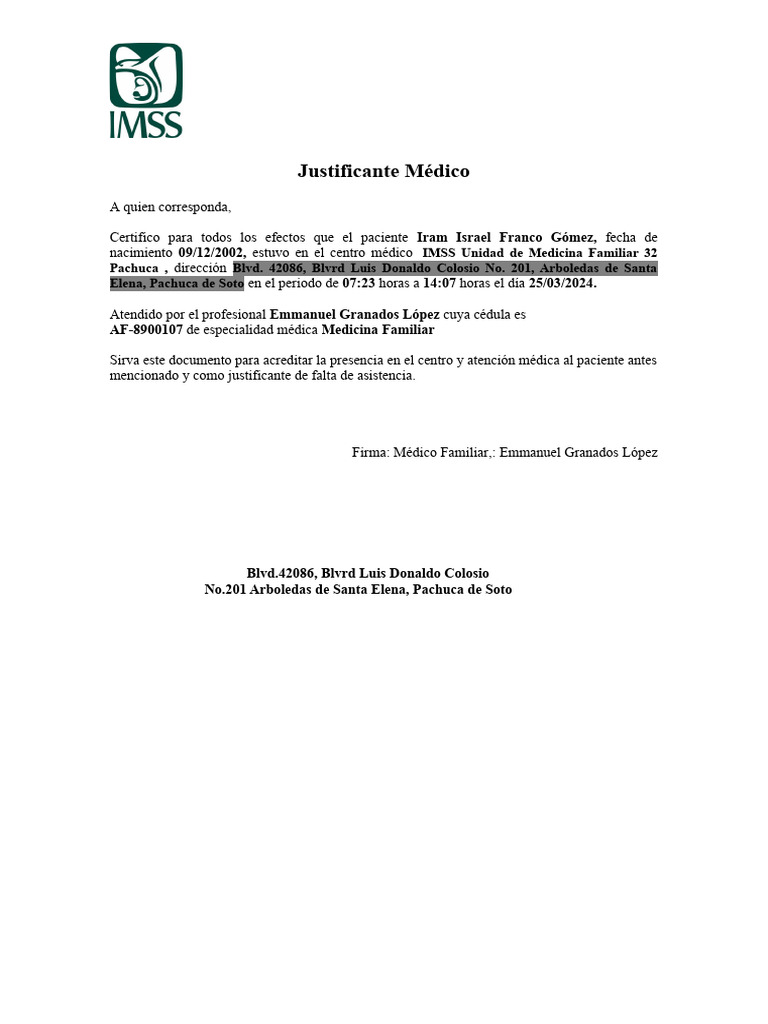 Justificante Médico Imss 2024 Pdf