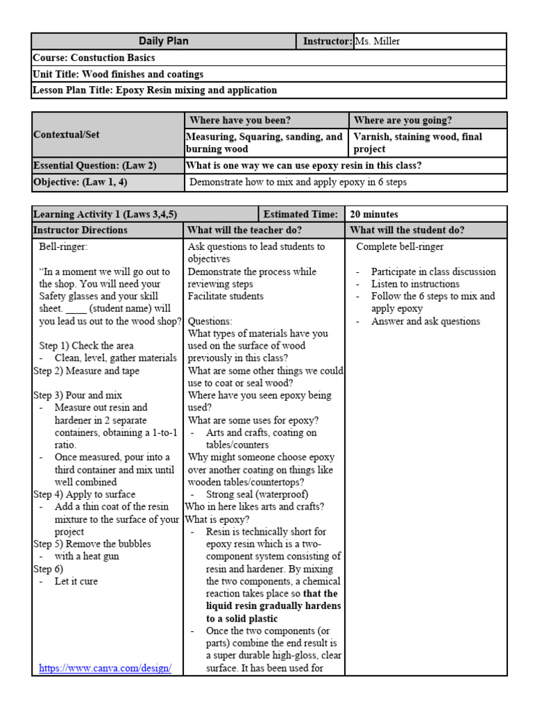 Lesson Plan - Epoxy Resin On Wood | PDF | Epoxy | Resin
