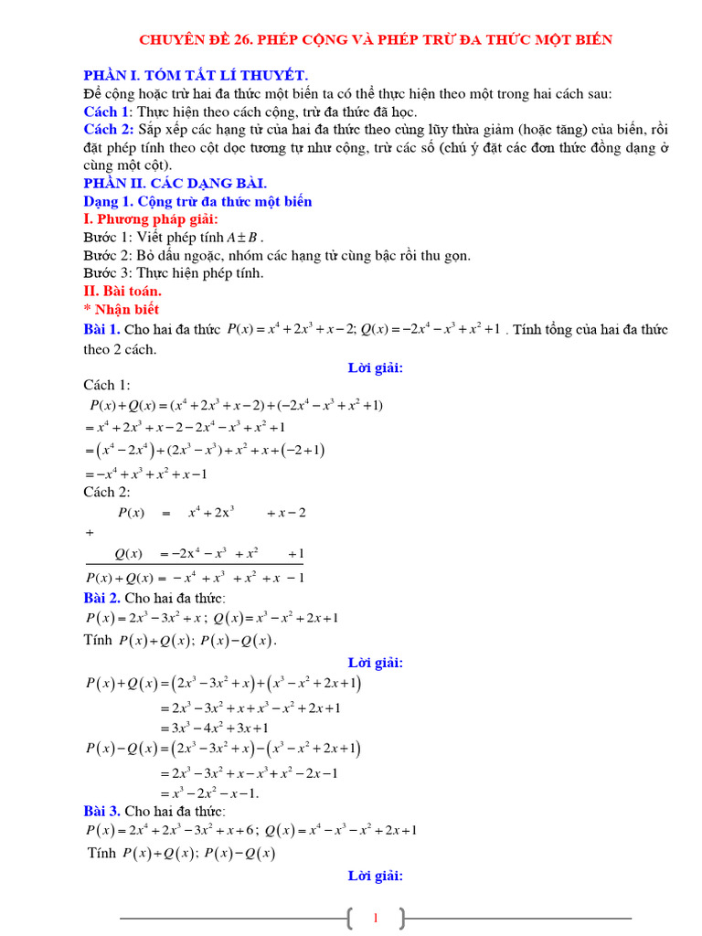 Chuyen de Phep Cong Va Phep Tru Da Thuc Mot Bien Toan 7 | PDF
