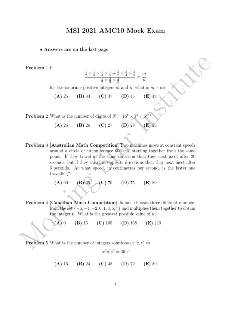 MSI-2021-AMC10-mock-web | PDF | Mathematics | Number Theory