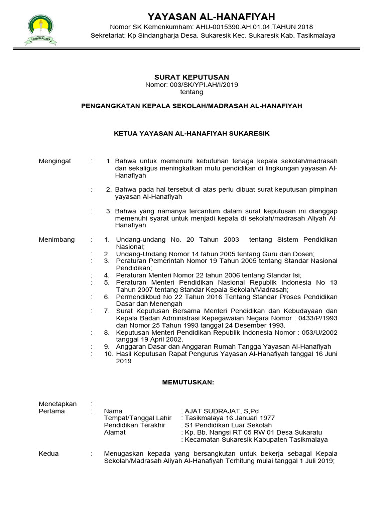 SK Pengangkatan Kepala Sekolah | PDF